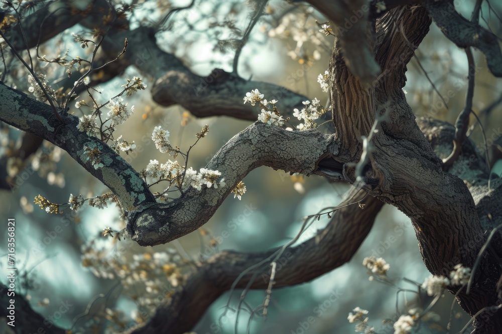 Ultra realistic photo of gnarled oak branches bedecked with fragrant ...