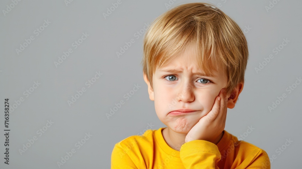 little boy presses hand to cheek, suffers from pain in tooth isolated ...