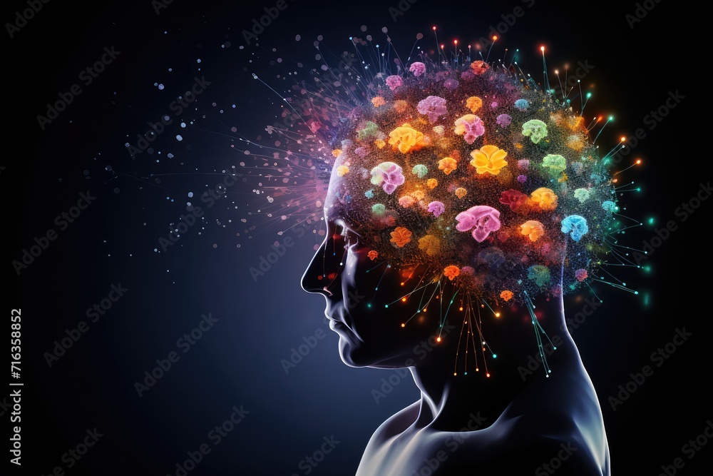 Vivid neuronal brain dots, connecting through synapses. Self awareness ...