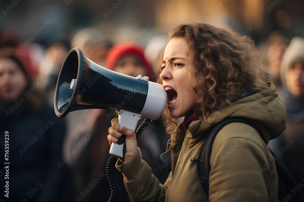Female activist angry shouting for her cause among people demonstration ...