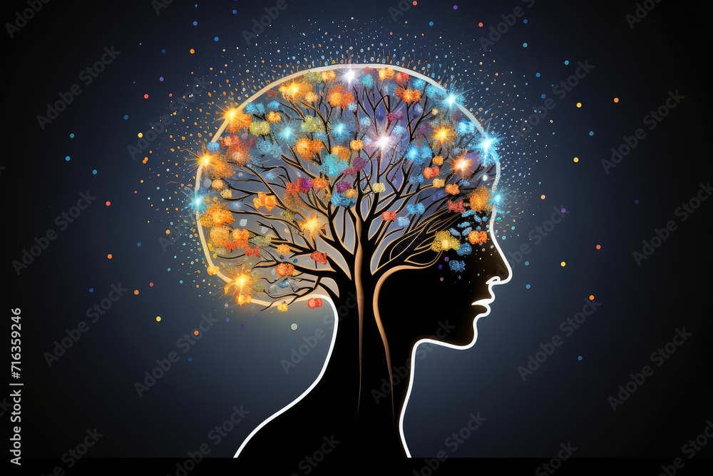 Vivid neuronal brain dots, connecting through synapses. Self awareness ...