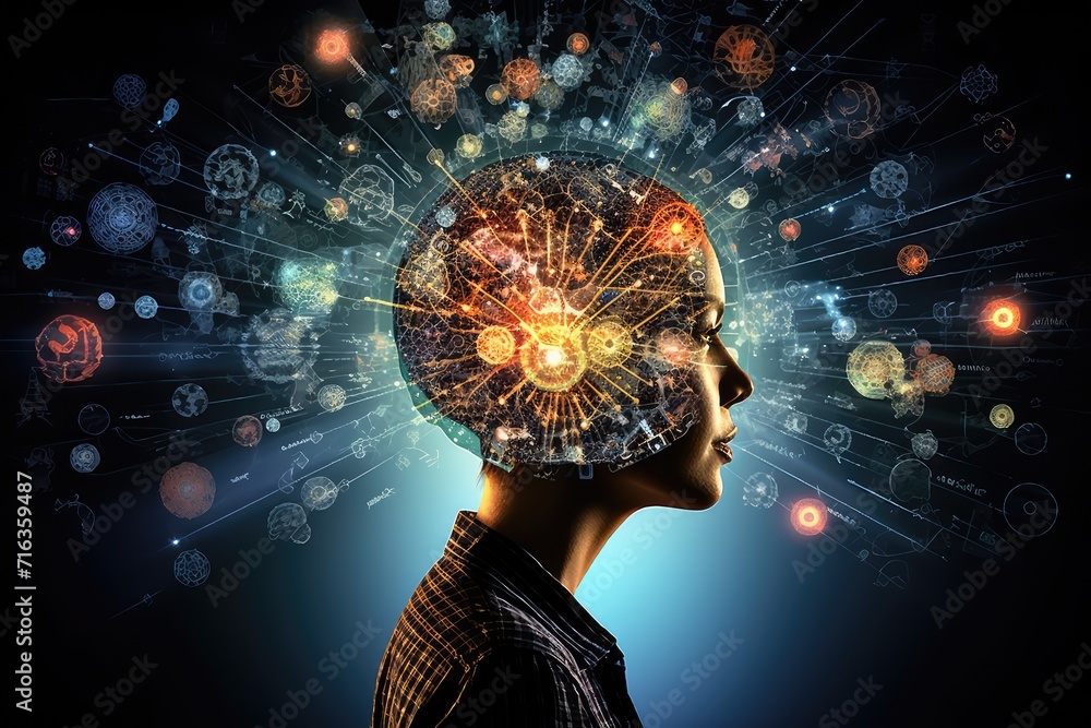 Vivid neuronal brain dots, connecting through synapses. Self awareness ...
