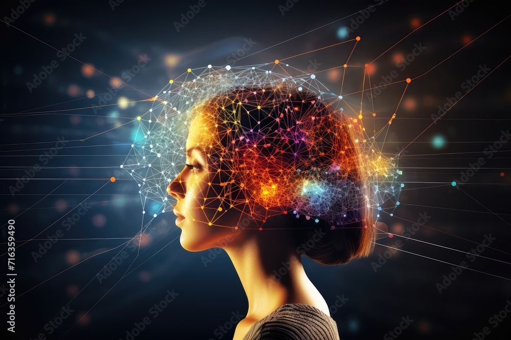 Vivid neuronal brain dots, connecting through synapses. Self awareness ...