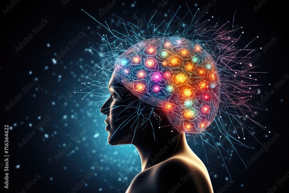 Colorful brain explosion creativity and neural connections. Receptor specificity insight aging ...