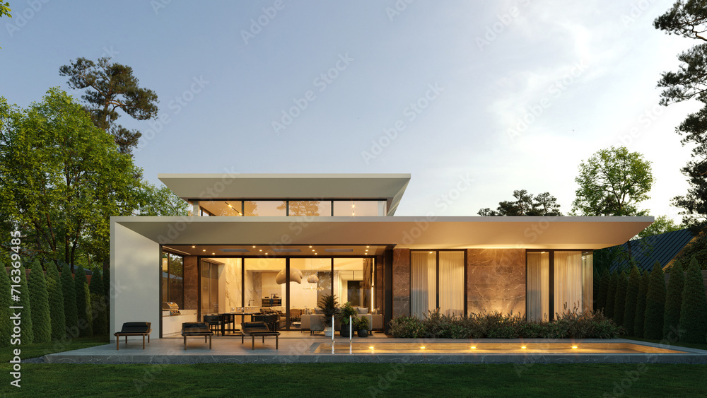 Modern one-story house with panoramic windows. House with a flat roof ...