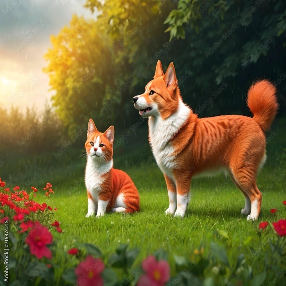 A picture of a dog and a cat standing together amid beautiful green ...