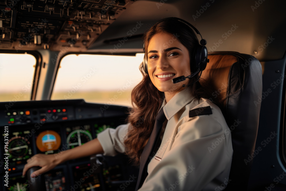 Smart and beautiful female pilot of Indian ethnicity sitting inside the ...