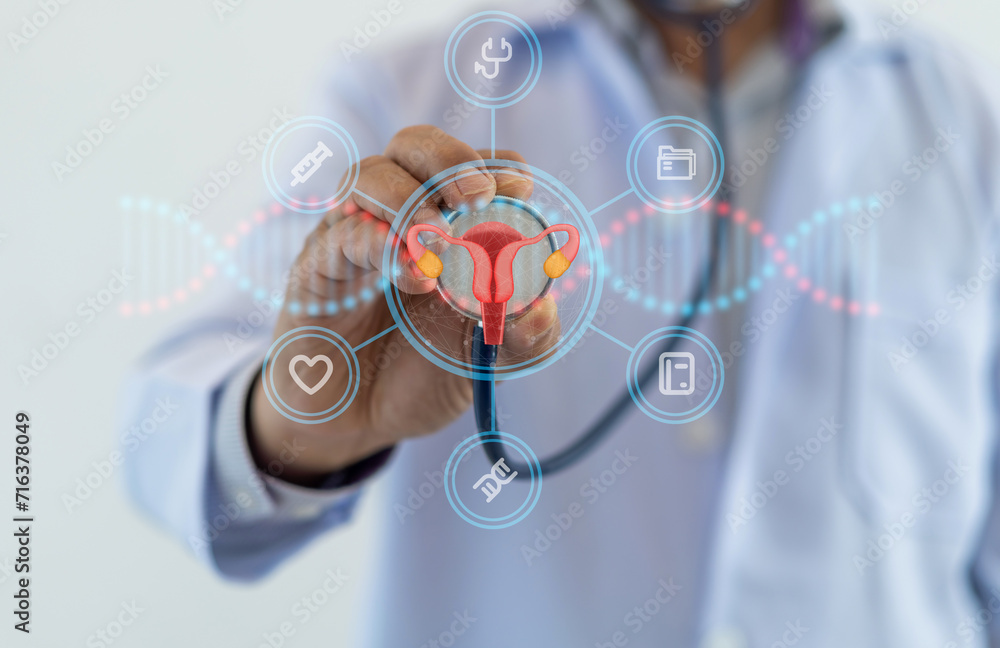 Doctor with stethoscope checkup uterus health therapy care ...