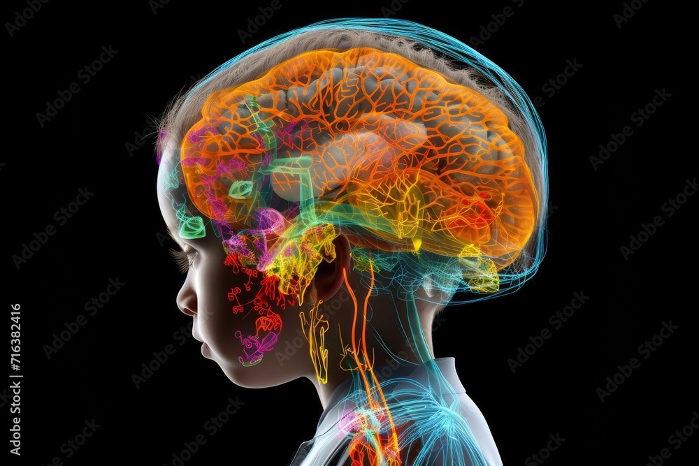 Baby, child head scan colorful little brain. Neurological notions ...