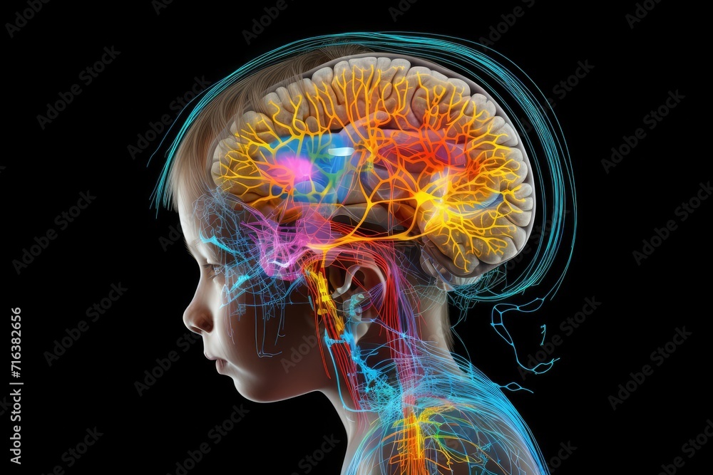 Baby, child head scan colorful little brain. Neurological notions ...