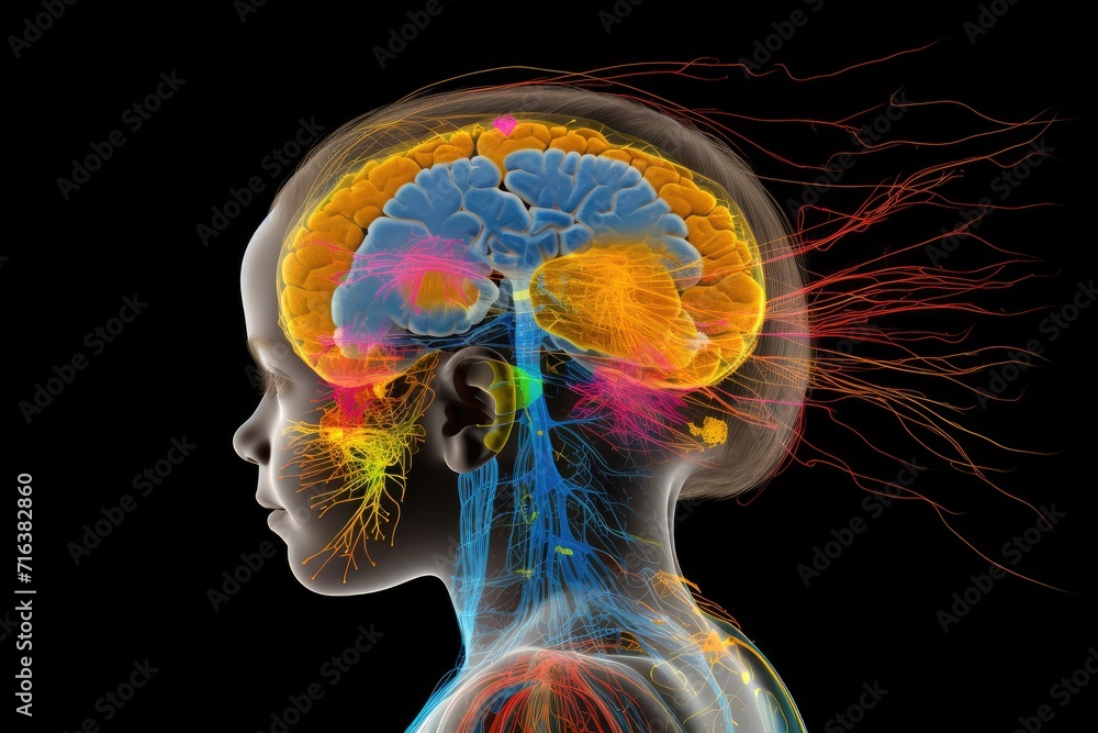 Baby, child head scan colorful little brain. Neurological notions ...