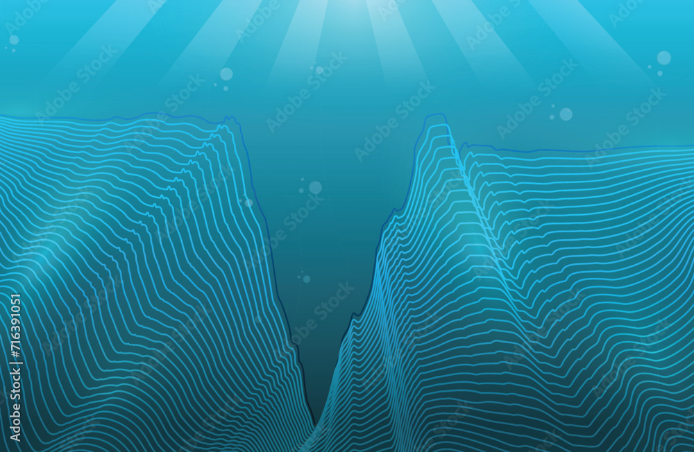Vector blue mariana trench underwater sea technology line art ...