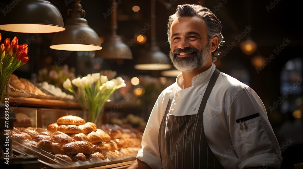 Chef cuisinier entrain de faire à manger sur un plan de travail, fruits ...