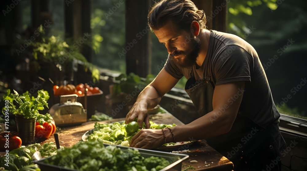 Chef cuisinier entrain de faire à manger sur un plan de travail, fruits ...