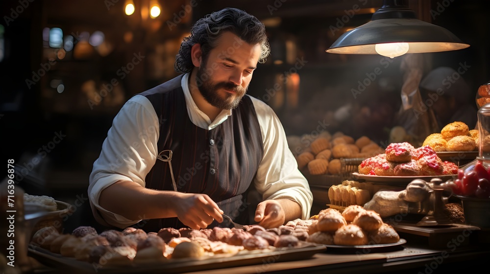Chef cuisinier entrain de faire à manger sur un plan de travail, fruits ...