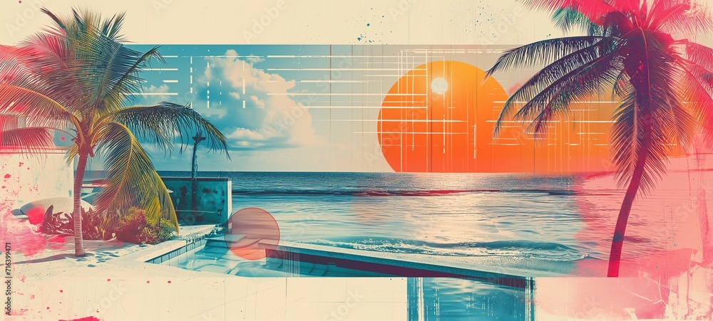 Artistic summer collage blending vintage travel elements with a ...