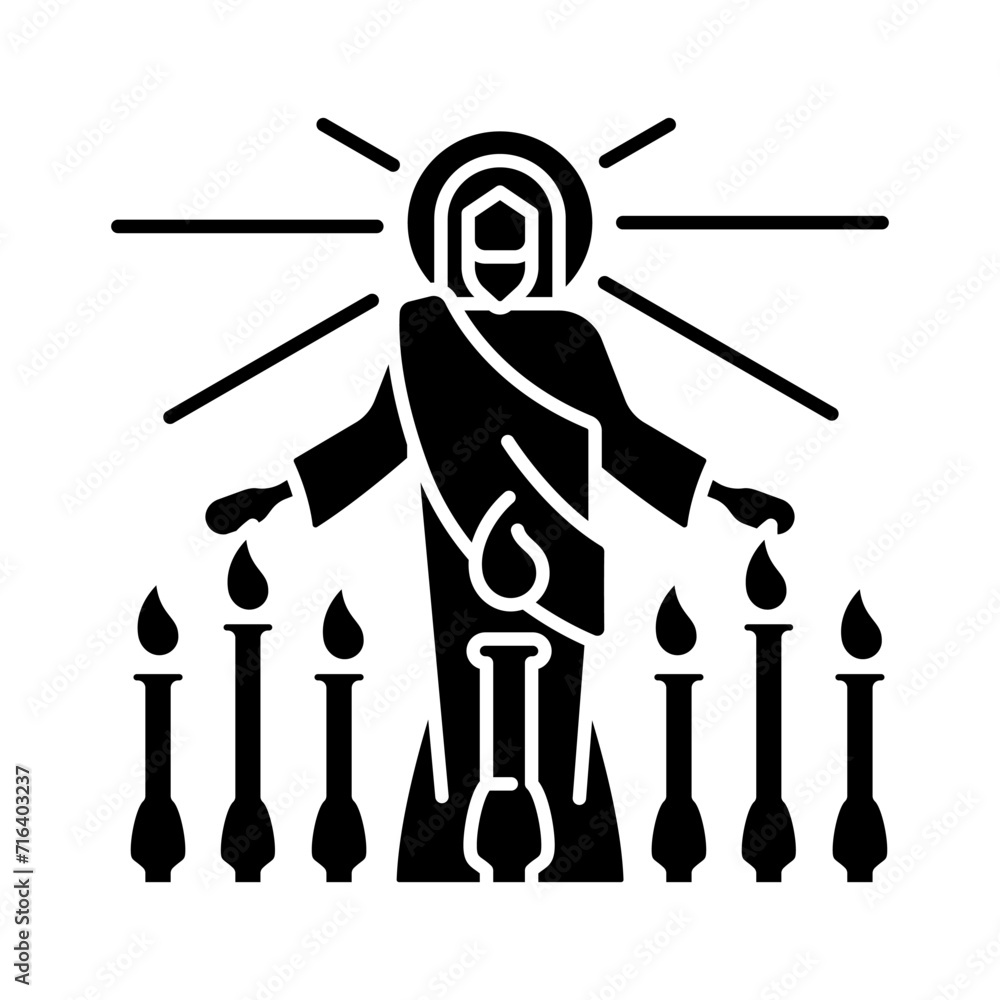 Revelation black glyph icon. Jesus Christ and seven lampstands ...