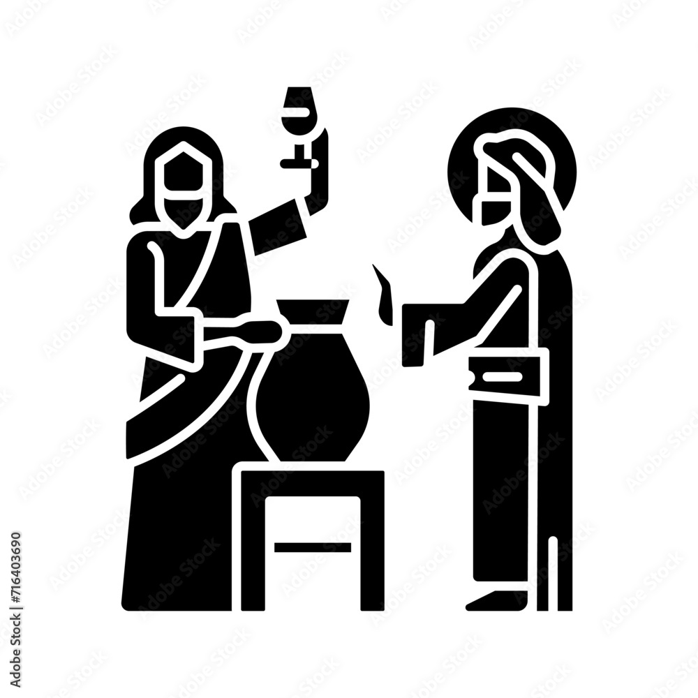 First miracle black glyph icon. Jesus Christ turns water into wine ...