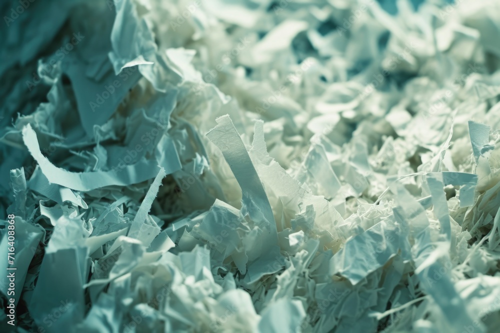 Shredded paper piled on top of a table. Can be used to depict concepts of waste, recycling, or ...