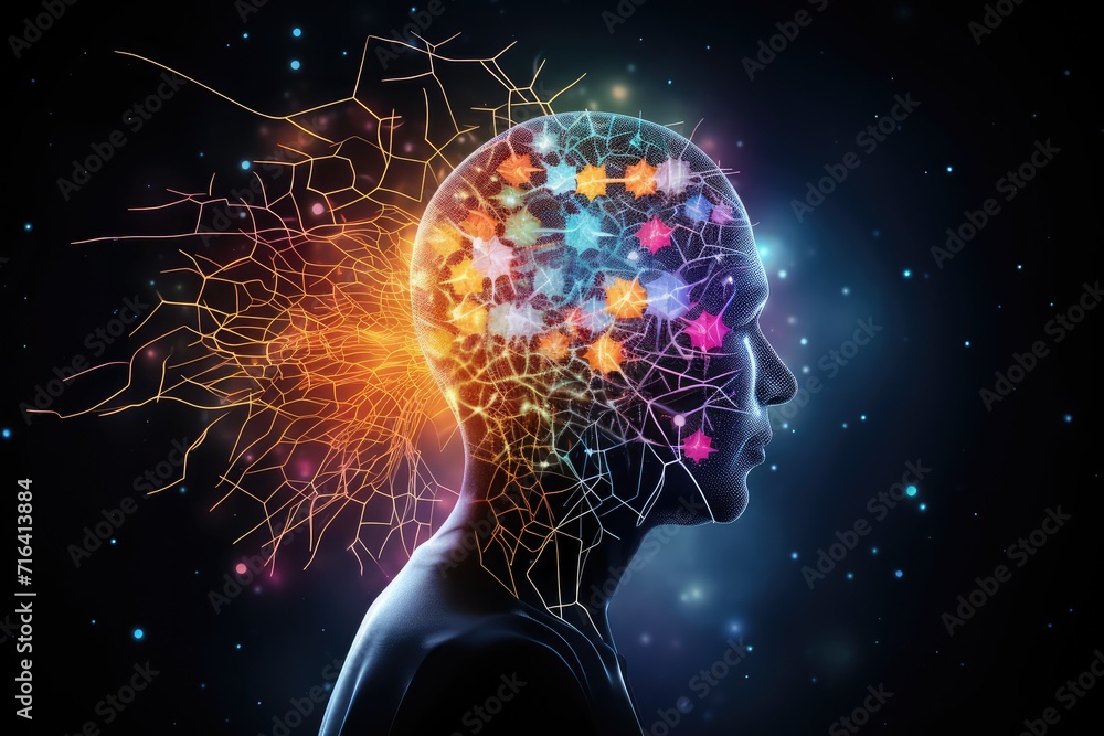 Colored Motley Brain Axon Mind tracing dance of EEG patterns, synaptic ...