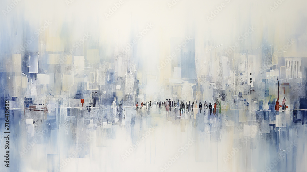 city, crowd of people on the street, art work painting in impressionism ...