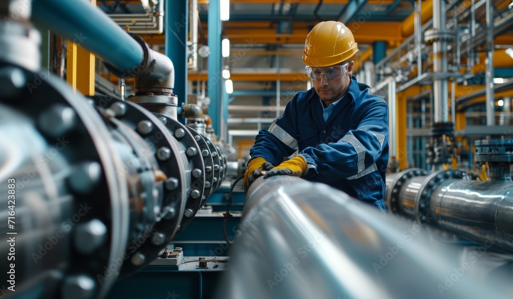 Male worker inspection at steel long pipes and pipe elbow in station ...