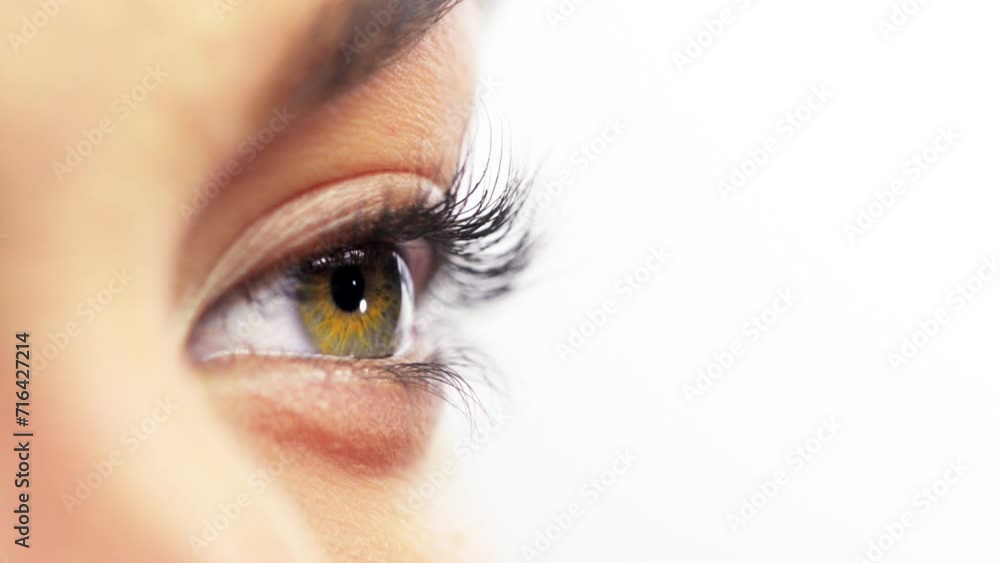 Skin, macro and eye of person thinking, vision and blinking isolated on ...