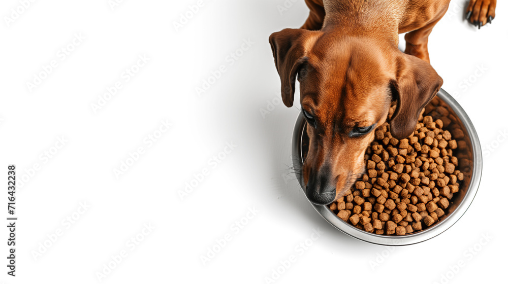 Dachshund eating from a bowl of food, isolated on transparent ...