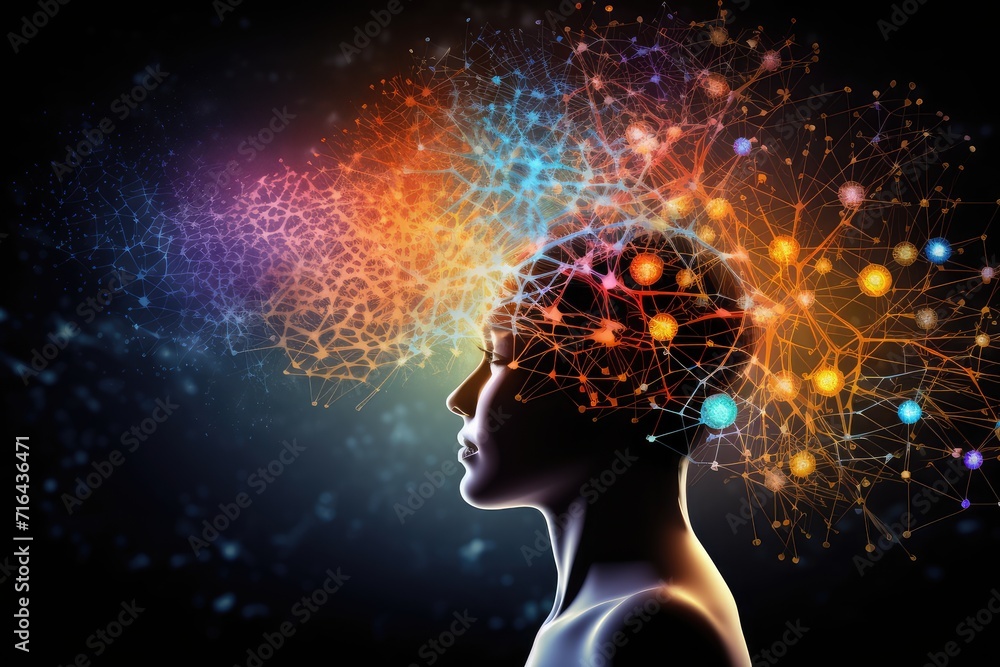 Brain, tapestry of polychromatic neurons, artistic conceptual visual ...