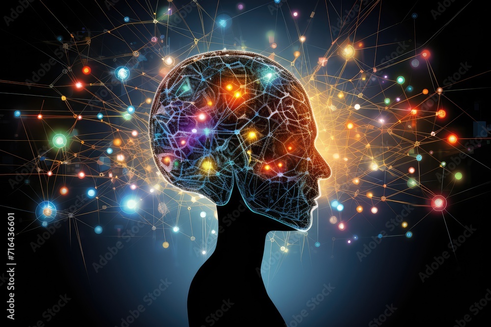 Brain, tapestry of polychromatic neurons, artistic conceptual visual ...