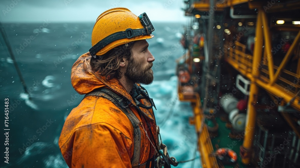 Resilient Offshore Oil Rig Worker Supervising Intense Drilling ...