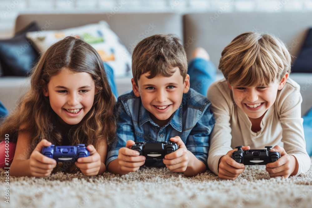 Cute kids happily playing video games with controller console ...