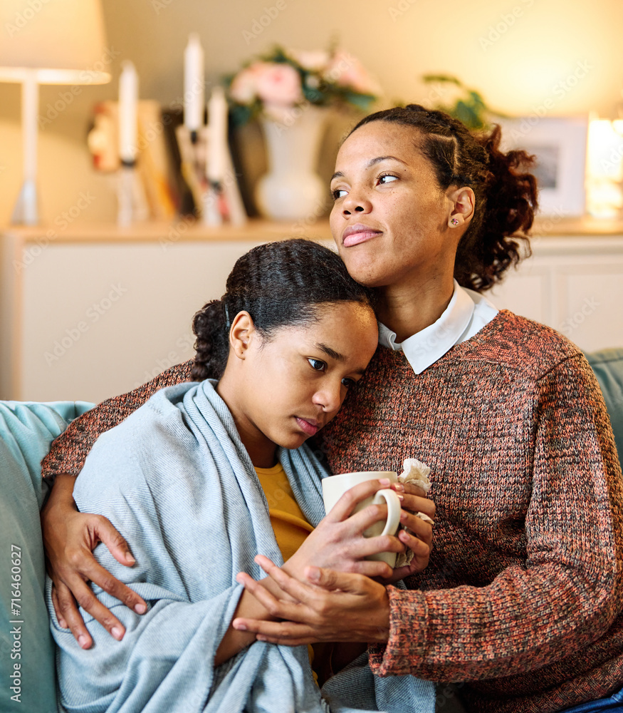 child mother family care home woman sick flu fever daughter health girl ...