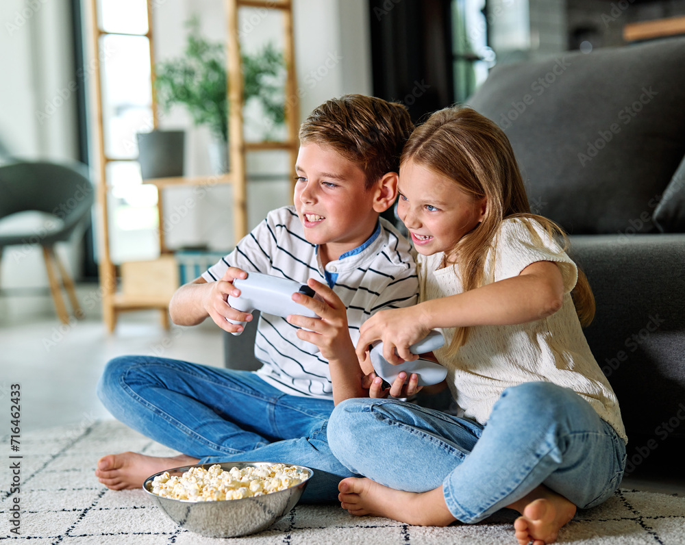 child girl boy brother sister game playing gamer video console computer ...