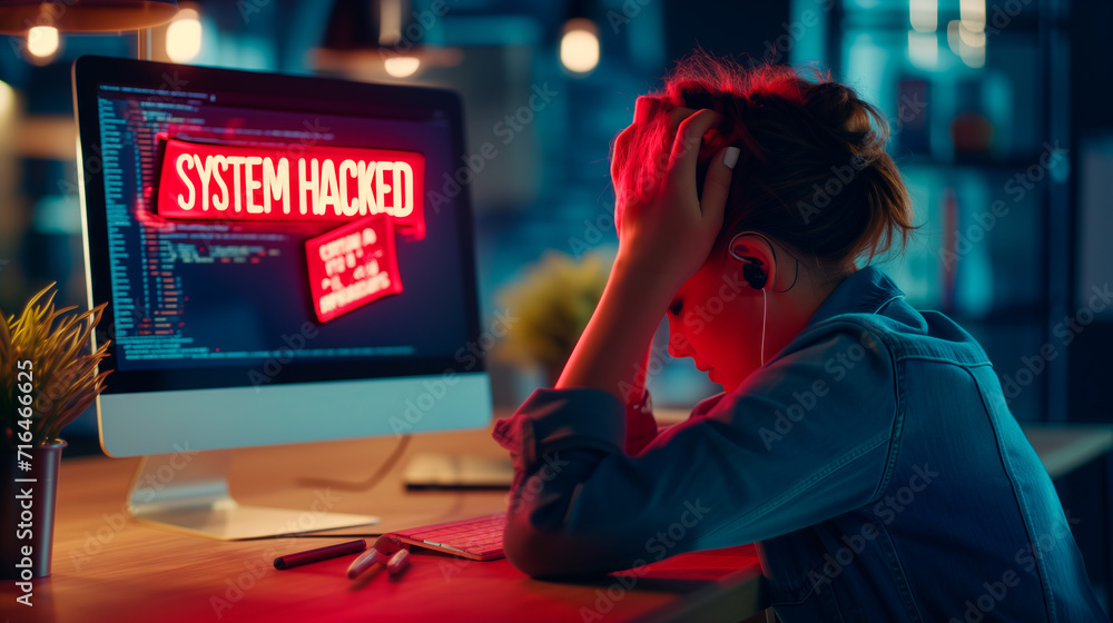 Cybersecurity Breach Reaction. Frustrated person at computer with ...