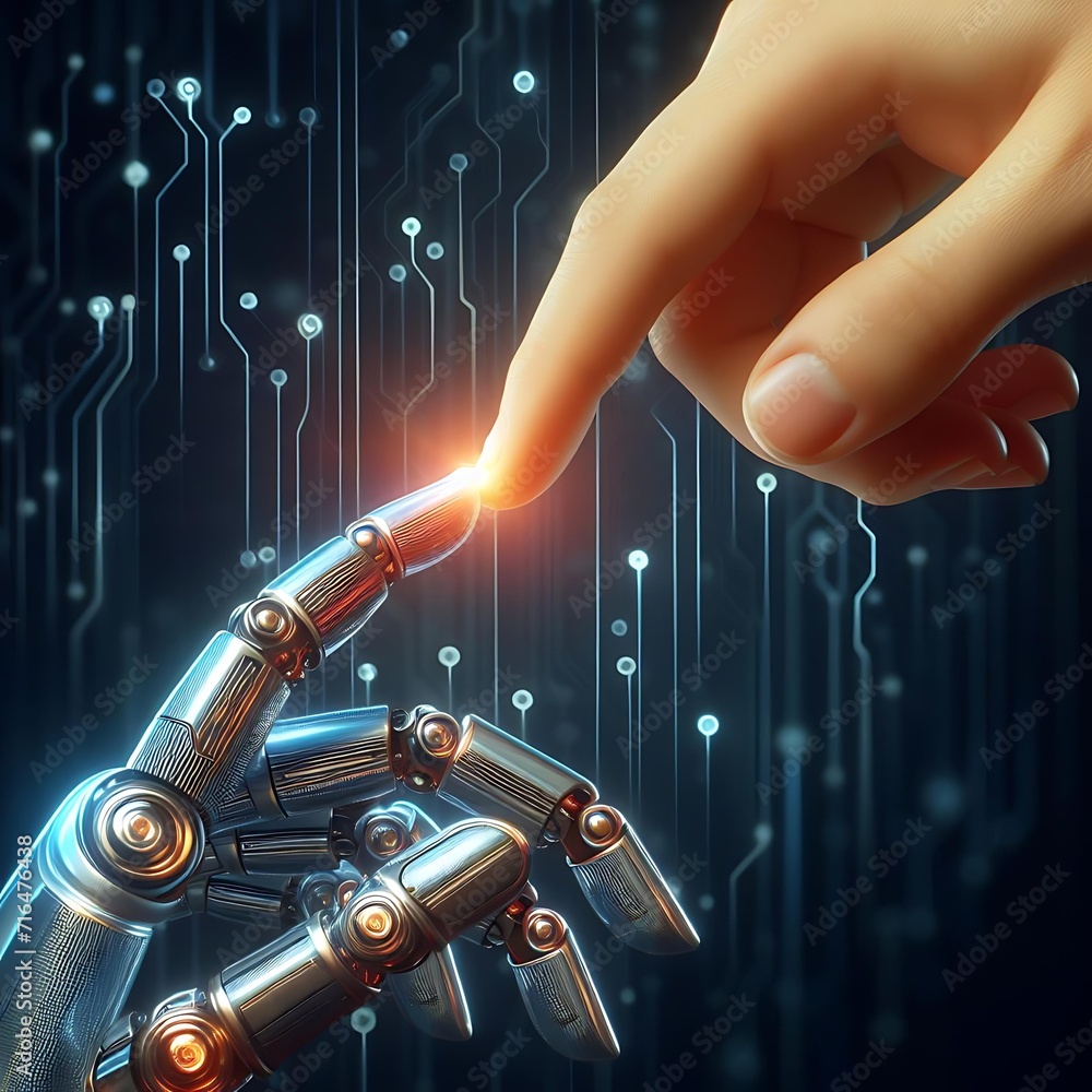 The human finger delicately touches the finger of a robot. Harmonizing ...
