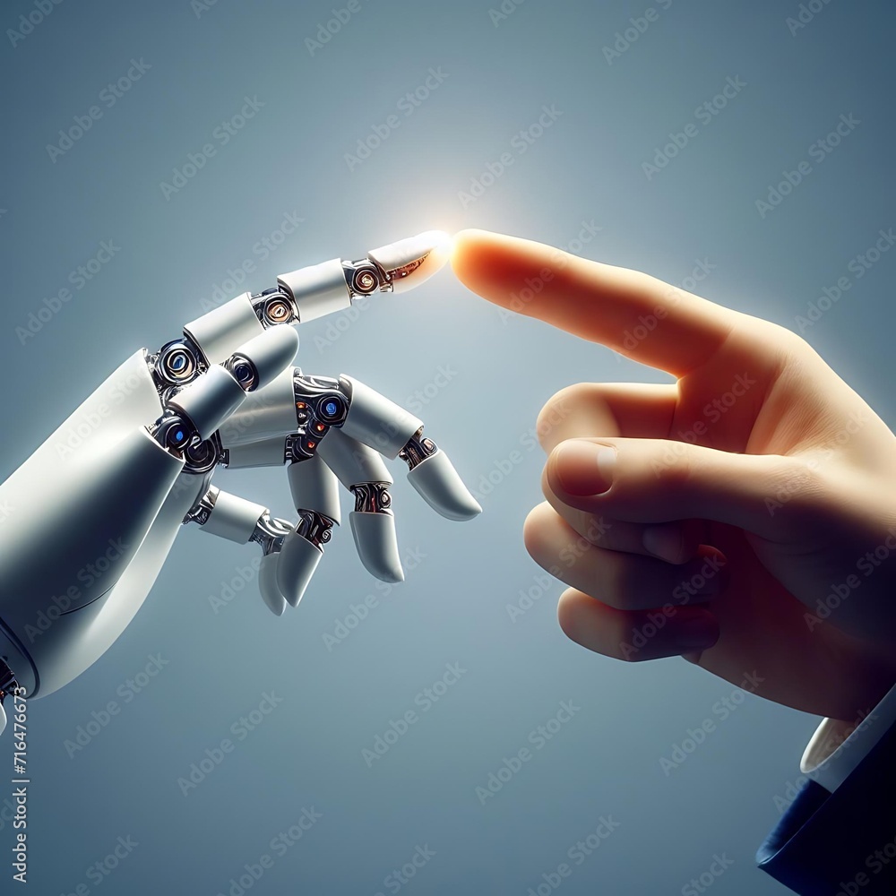 The human finger delicately touches the finger of a robot. Harmonizing ...