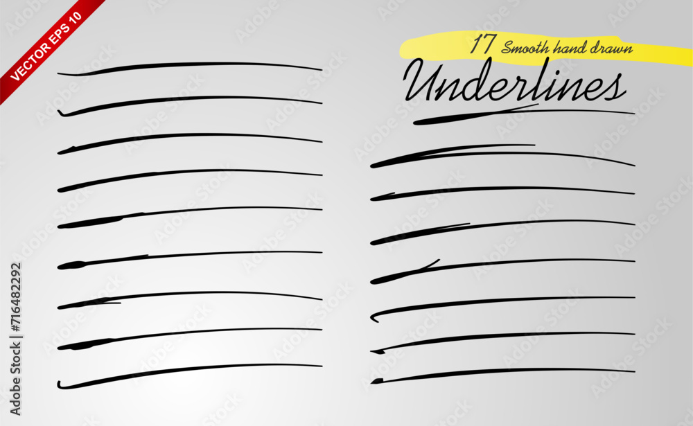 17 set of hand drawn underlines, created manually by hand and pen ...
