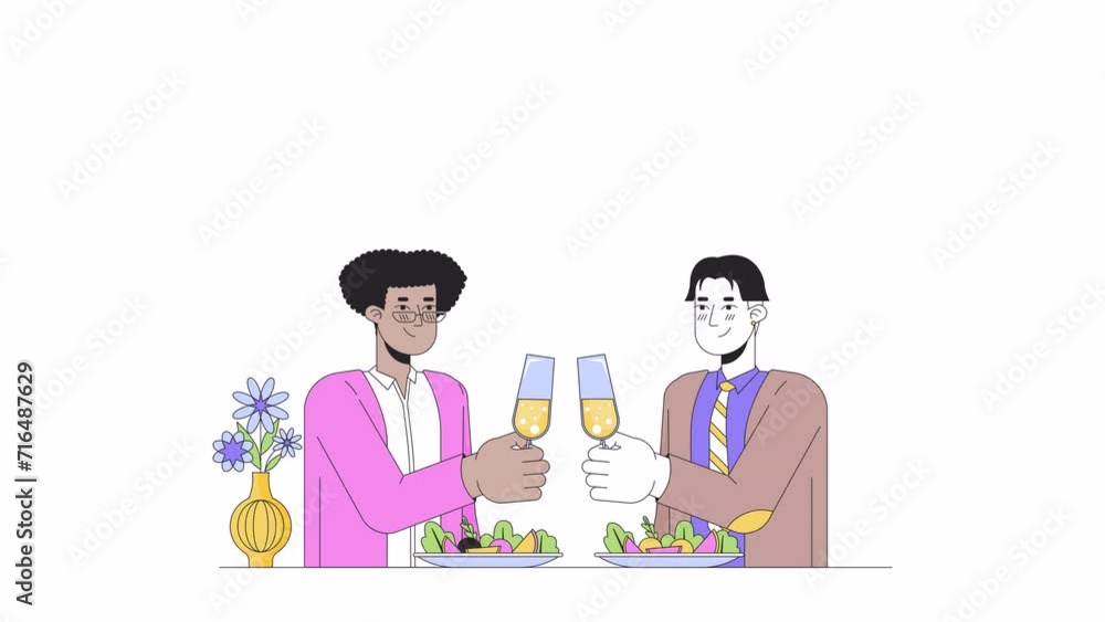 Gay men couple clinking glasses line 2D characters animation. Toasting ...