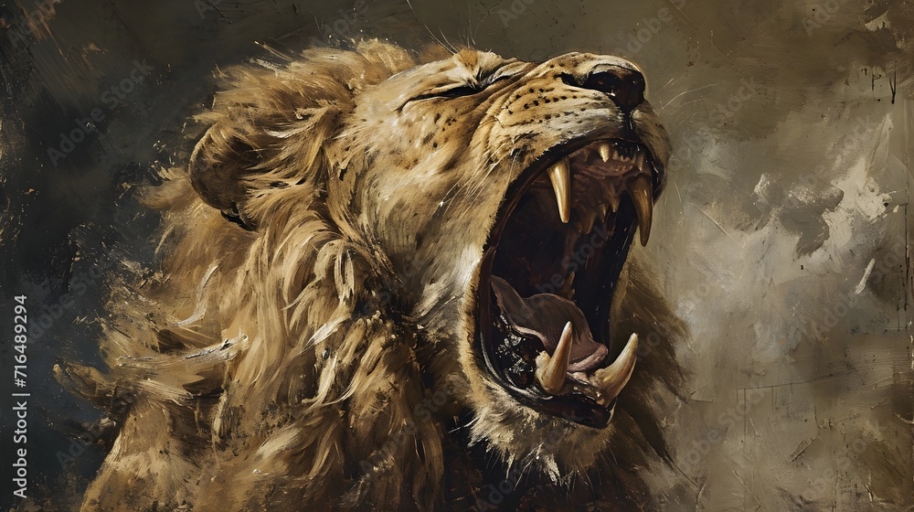 A portrait capturing the lion mid-roar, showcasing its powerful jaws, sharp teeth, and the sheer ...