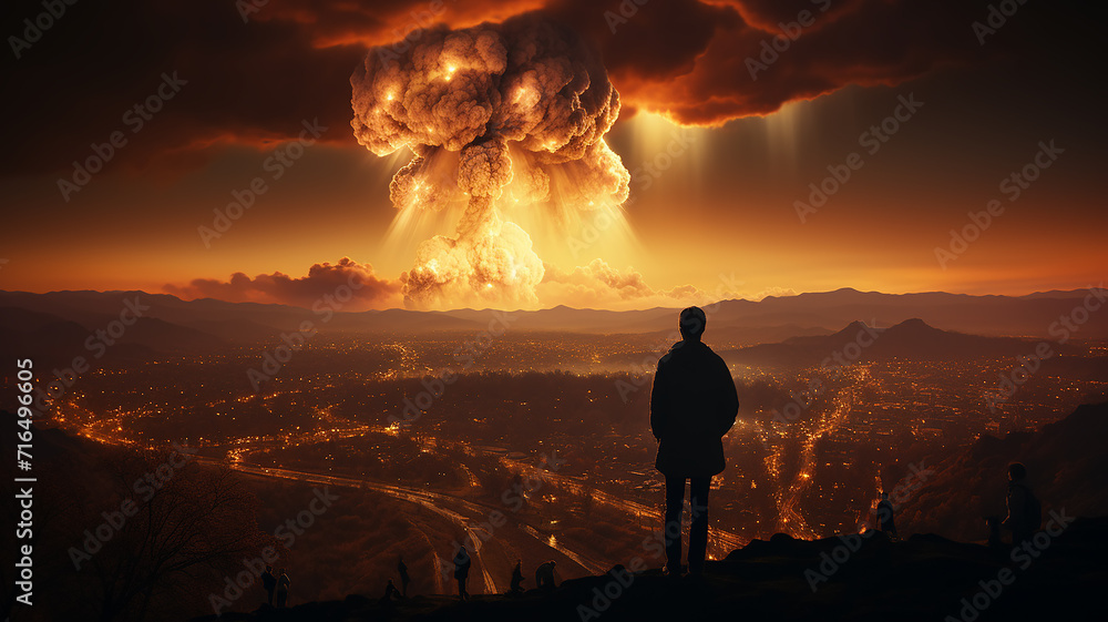 silhouettes of a group of people against the background of a nuclear ...
