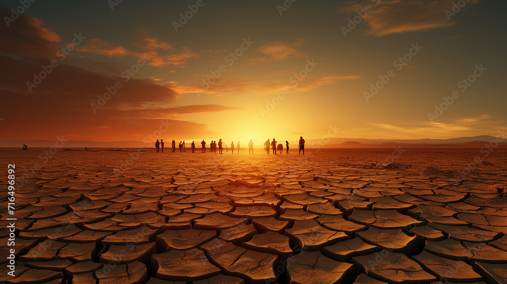 silhouette of a group of people at sunset in the desert, climate change ...