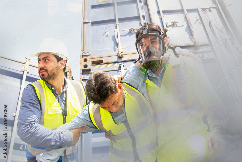 Team male rescue workers PPE uniforms wearing gas mask protect against ...