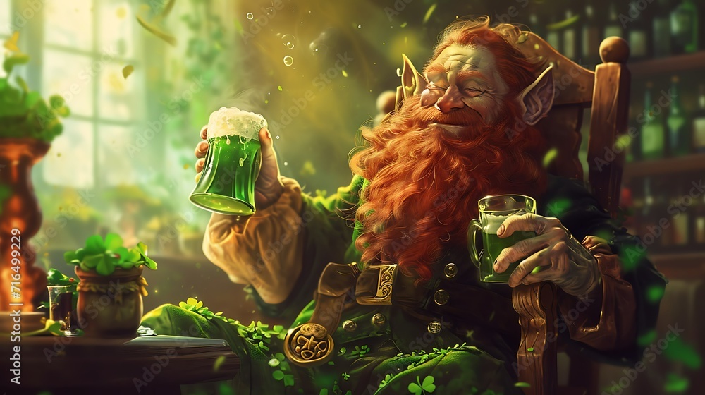 St. Patrick day, Green clover, Leprechaun drinking in a pub, pot of ...