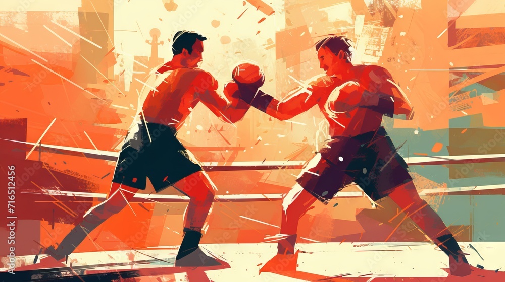 Two professional boxers in a fight exchanging blows in a boxing ring ...