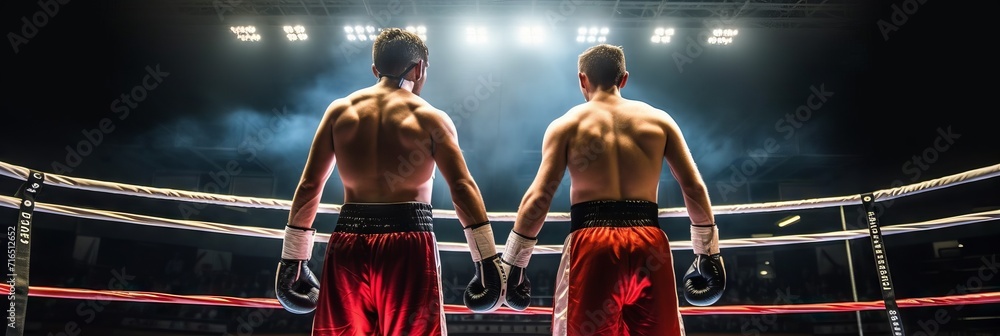 Two boxers in red shorts stand with their backs to the camera ...