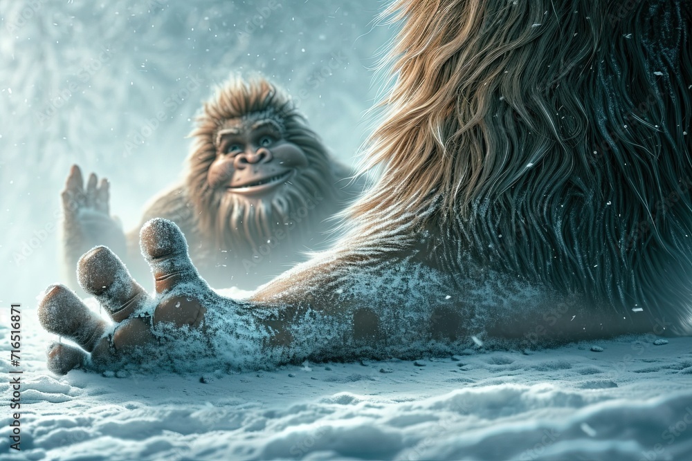 bigfoot big leg on the snow, other bigfooot yeti smiling on the back ...