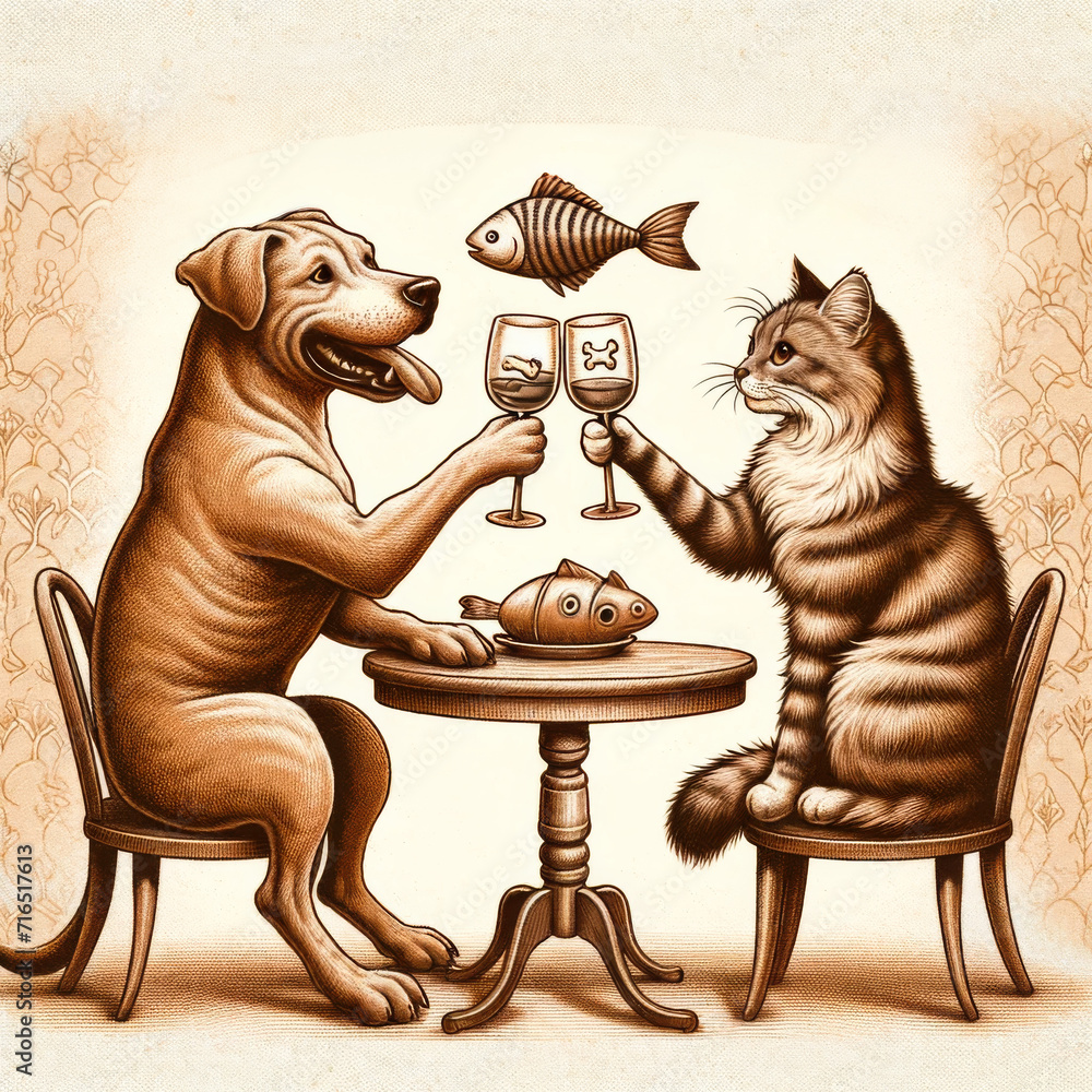 A vintage-style drawing of a dog and cat toasting with fish and bone in ...