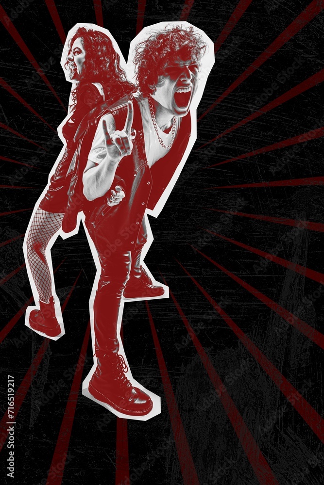 Poster. Contemporary art collage. Two crazy people, fans of heavy metal ...