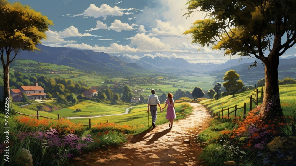 A serene countryside scene, a couple strolling along a tranquil path ...